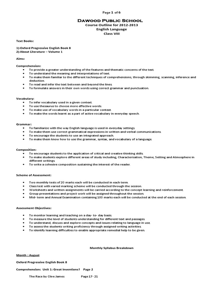 Dawood Public School: Course Outline For 2012-2013 English Language ...