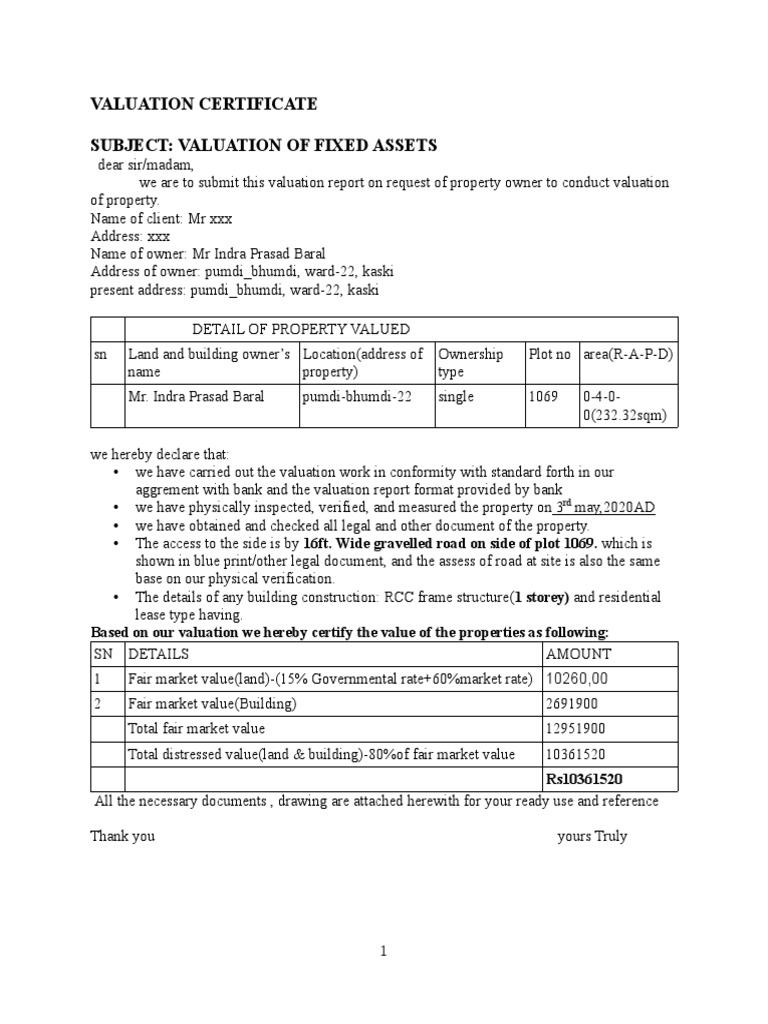 Valuation Certificate Subject: Valuation of Fixed Assets: Dear Sir ...