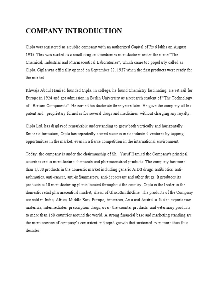 COMPANY INTRODUCTION Cipla | PDF | Pharmaceutical | Business