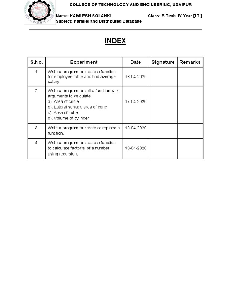 Index: S.No. Experiment Date Signature Remarks | PDF | Computer Programming | Computing