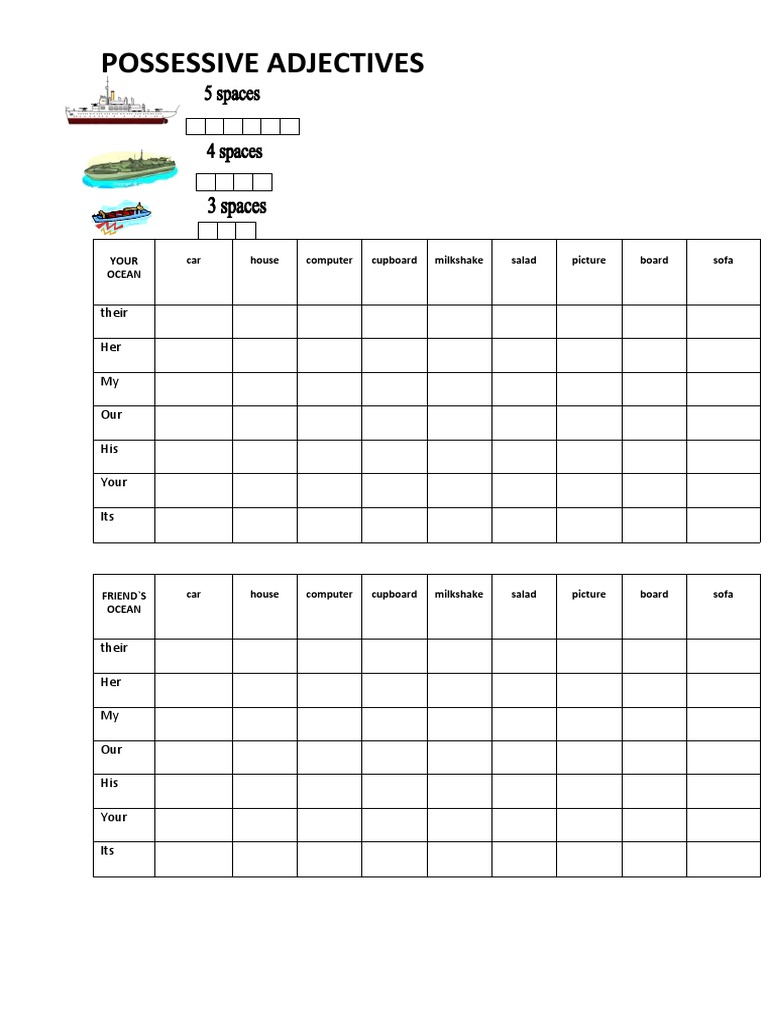 Possessive Adjectives Battleship Fun Activities Games Games - 89557 | PDF