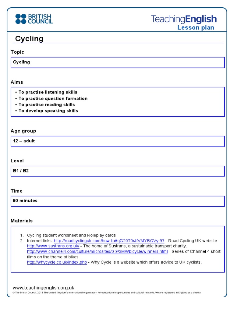 Cycling Lesson Plan | PDF | Lesson Plan | Communication
