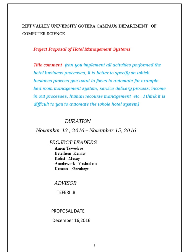 Project Proposal of Hotel Management Systems Title Comment | PDF ...