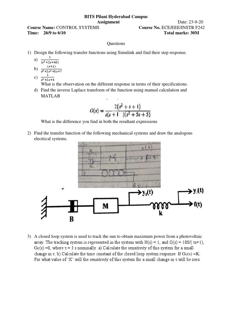 Assignments Questions | PDF | Control Theory | Electronic Engineering