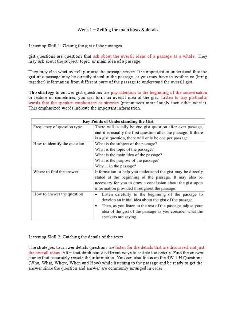 Mastering Gist and Detail Listening Skills | PDF
