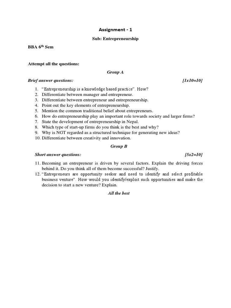 BBA 6th Entrepreneurship Assignment 1 | PDF