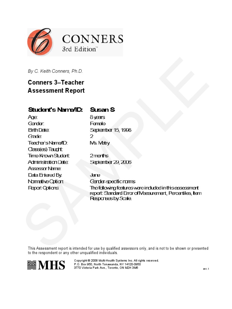 Sample: Conners 3-Teacher Assessment Report | PDF | Diagnostic And ...