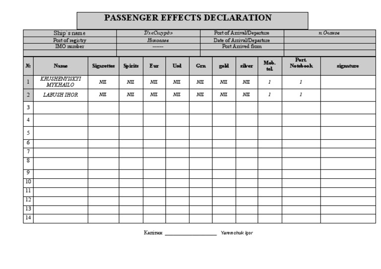 Passenger Effects Declaration: Ship's Name | PDF