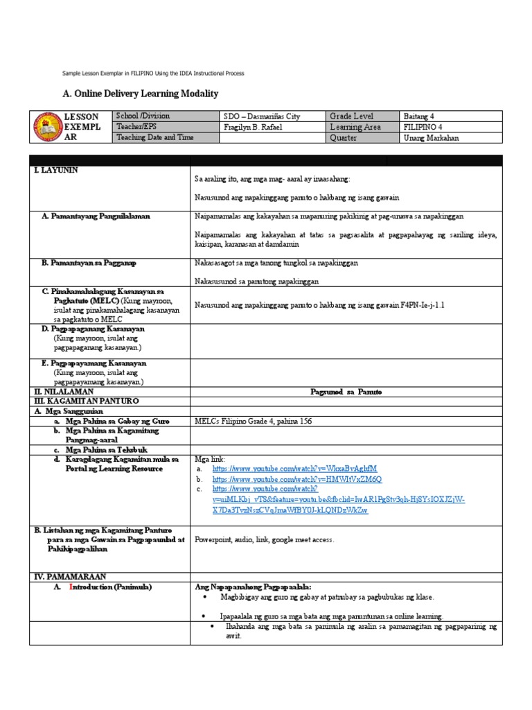 Lesson Exemplar in Filipino 4 | PDF