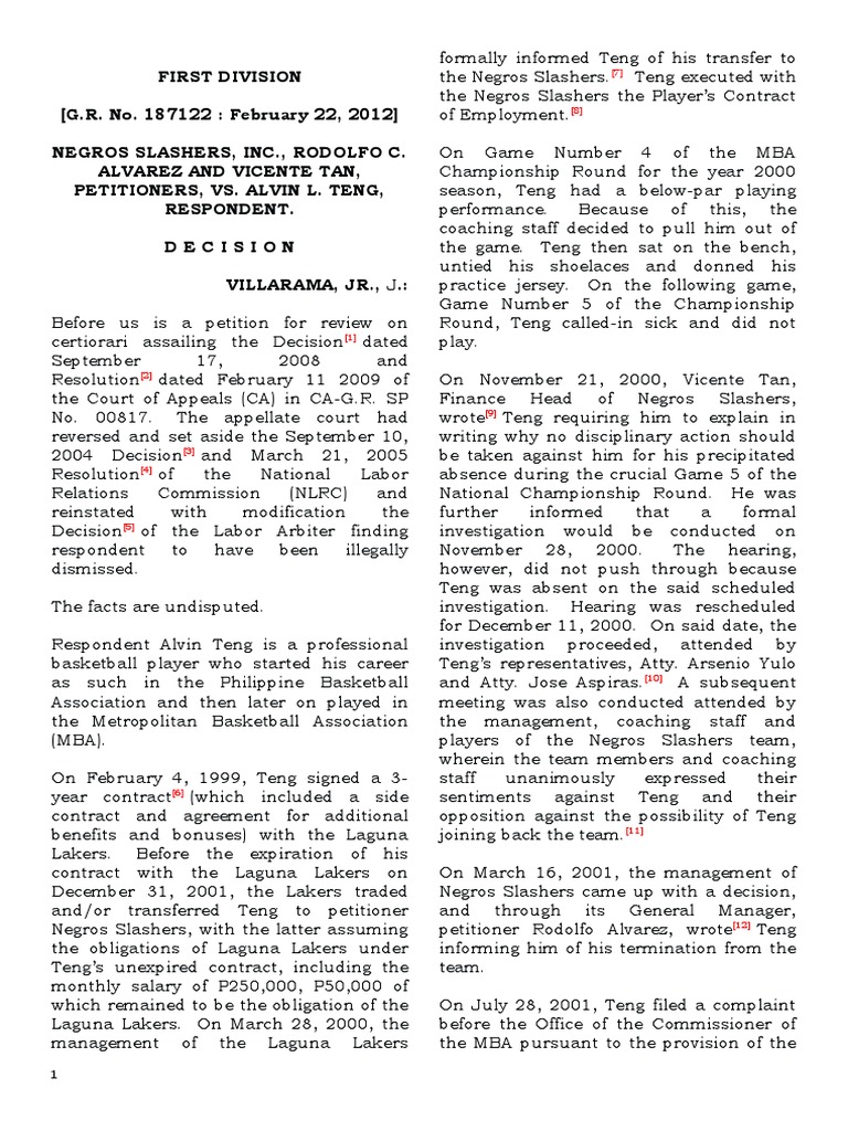 Negros Slashers v. Teng, G.R. No. 187122 February 22, 2012 | PDF ...