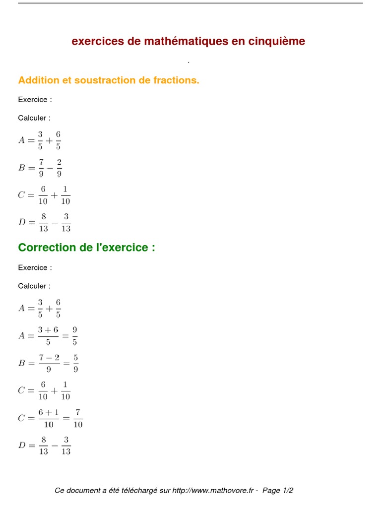 Exercices Addition Et Soustraction de Fractions Maths Cinquieme 481 PDF ...