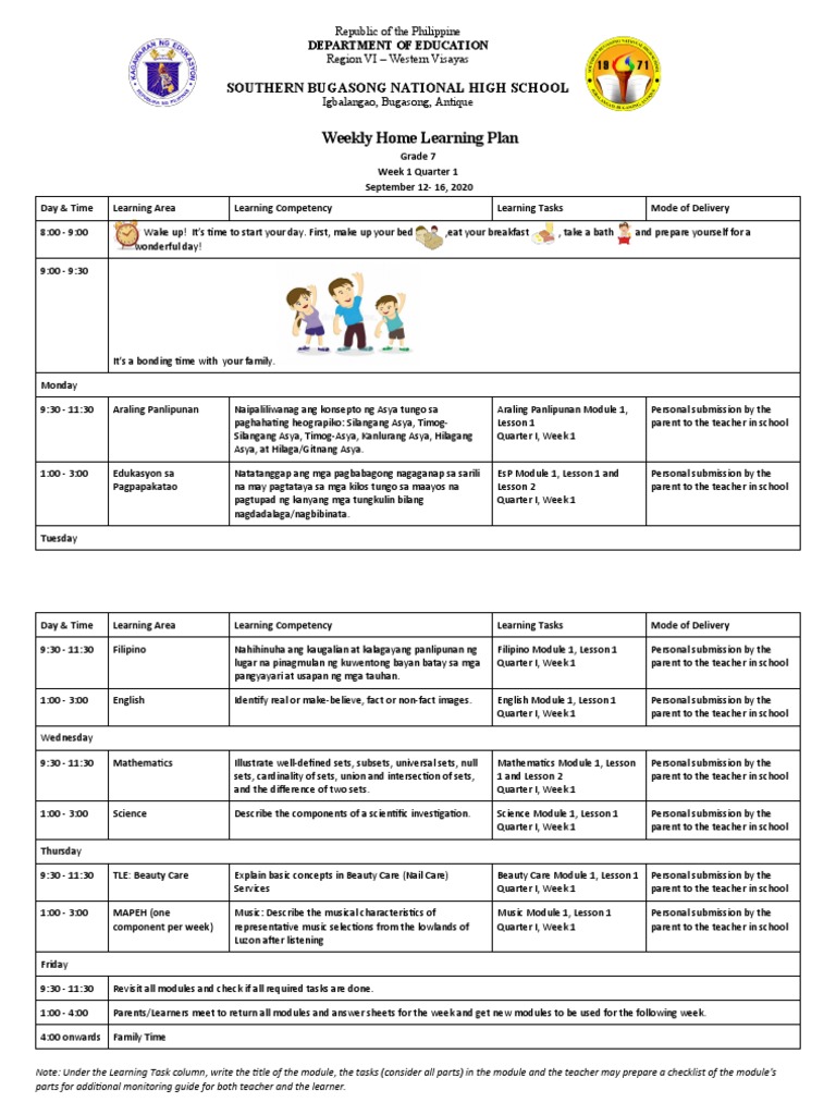 Sample Weekly Home Learning Plan For Modular Distance Learning | PDF ...
