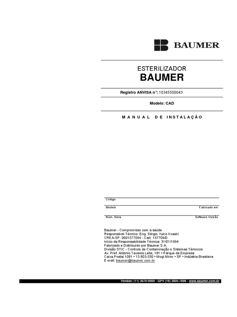 Baumer - Autoclave - CAD - Instalation Manual | PDF | Água | Caldeira Baumer - Autoclave - CAD - Instalation Manual | PDF | Água | Caldeira