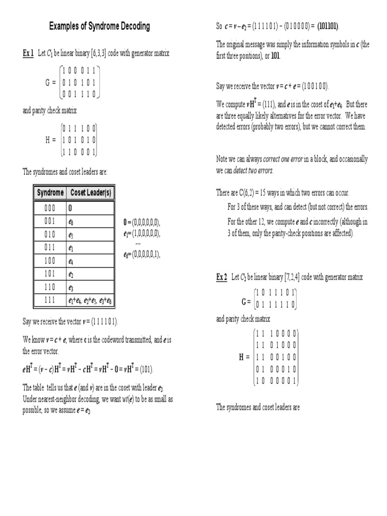 Syndrome Decoding Of Linear Block Codes Examples And Error Correction Capabilities Pdf