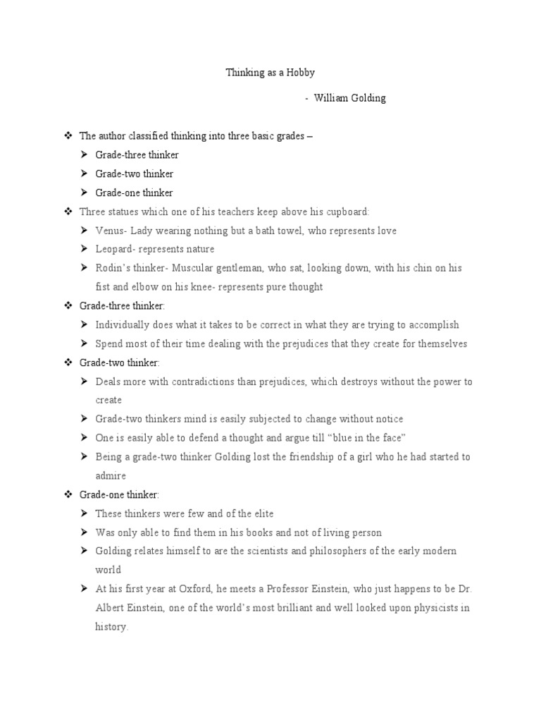 Thinking As A Hobby by William Golding | PDF