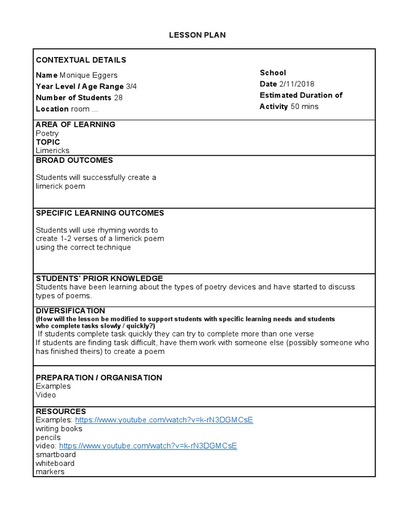 Lesson Plan | PDF | Limerick (Poetry) | Poetry
