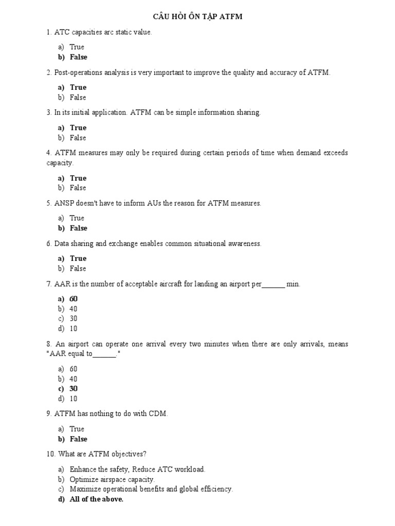 CÂU HỎI ÔN TẬP ATFM - DA CHECK DAP AN | PDF | Air Traffic Control ...