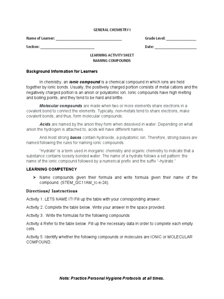 Naming Compounds Activity Sheet | PDF | Ion | Chemical Compounds