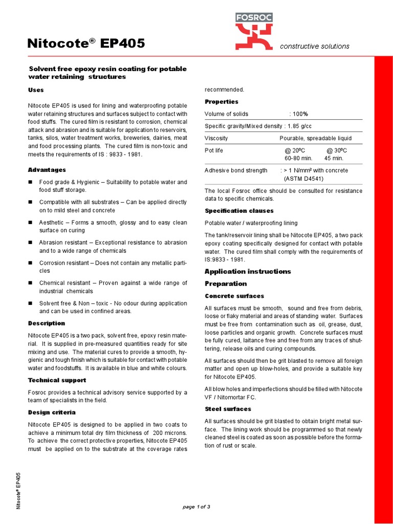 Nitocote EP405: Solvent Free Epoxy Resin Coating For Potable Water ...