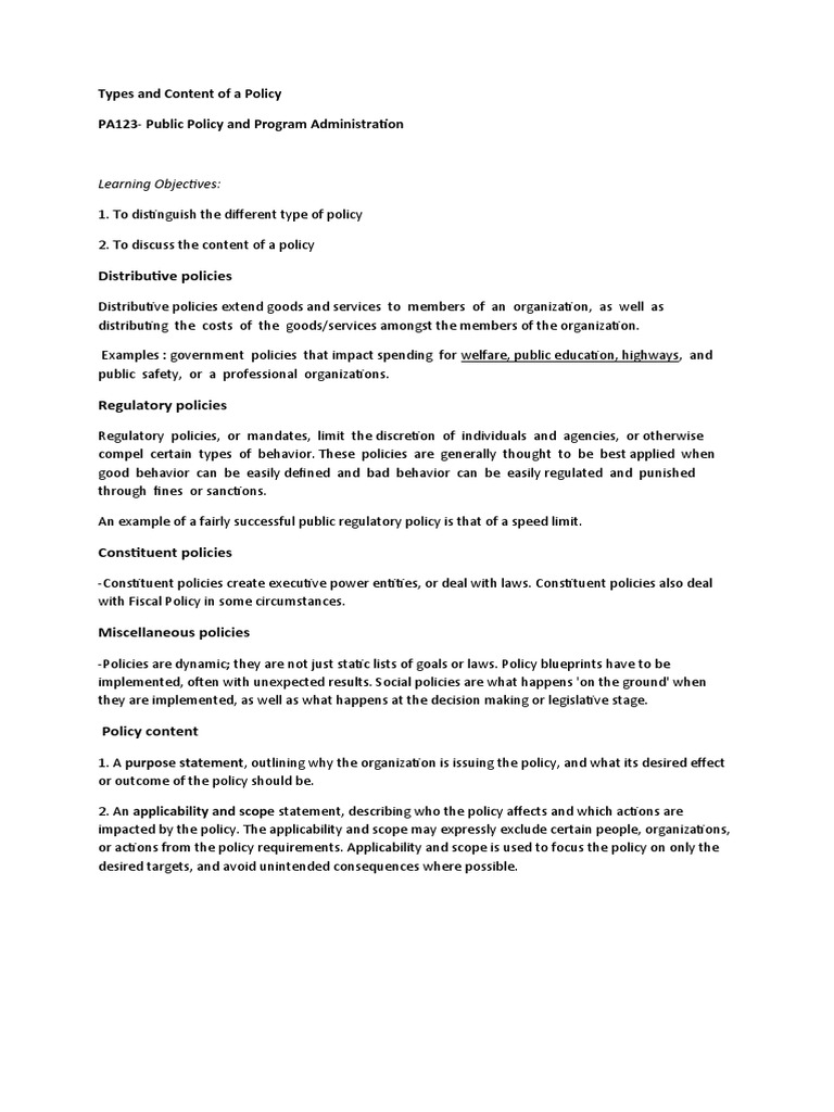 Distributive Policies: Learning Objectives | PDF | Scope (Computer ...