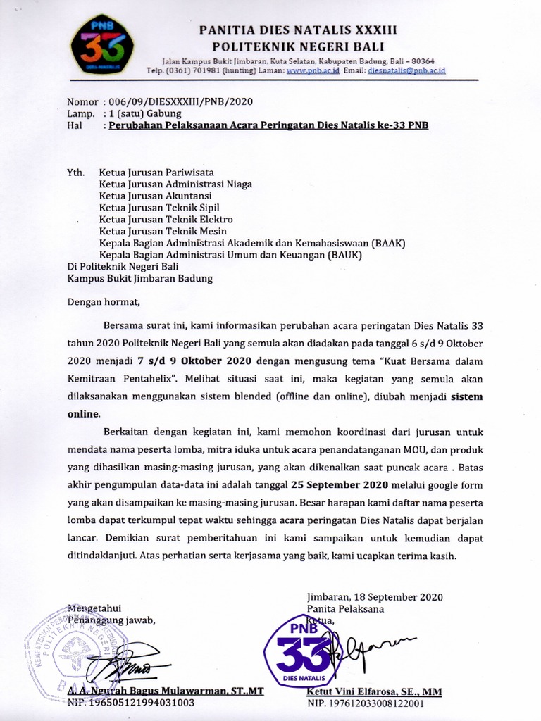 006 - Surat Perubahan Pelaksanaan Dies Natalis Ke-33 PNB PDF | PDF