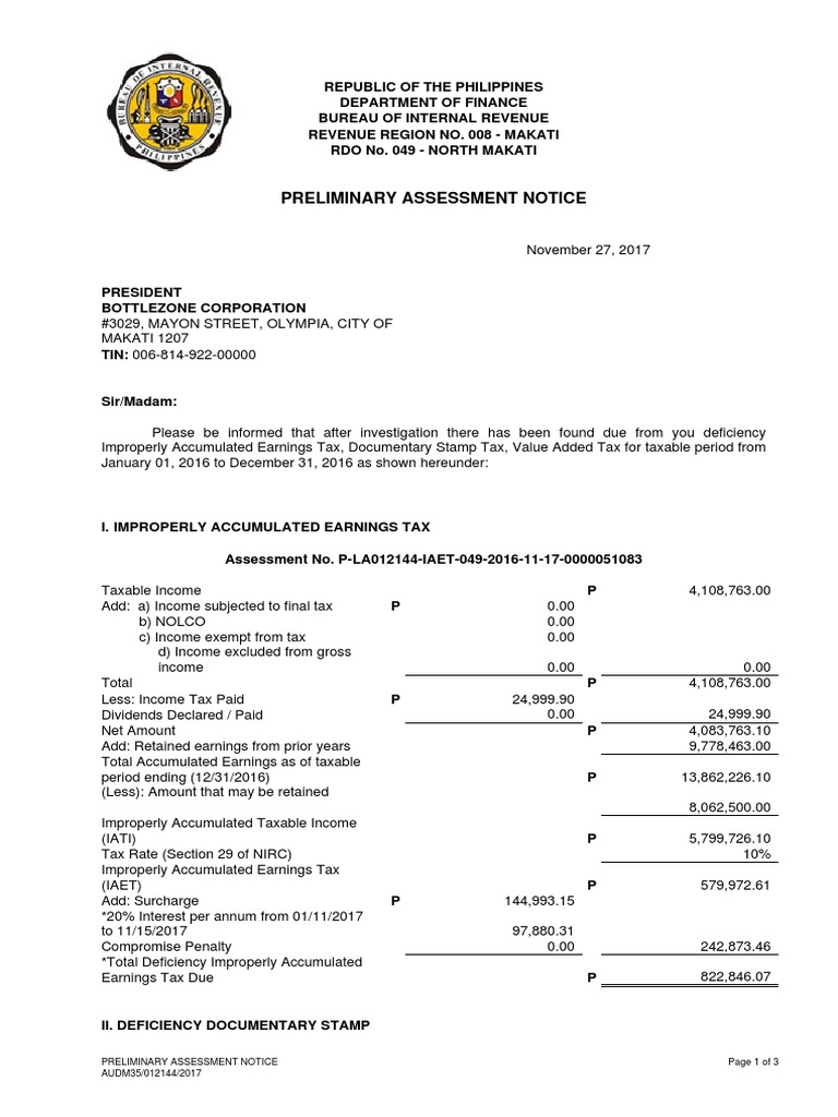 Preliminary Assessment Notice | PDF | Tax Credit | Value Added Tax