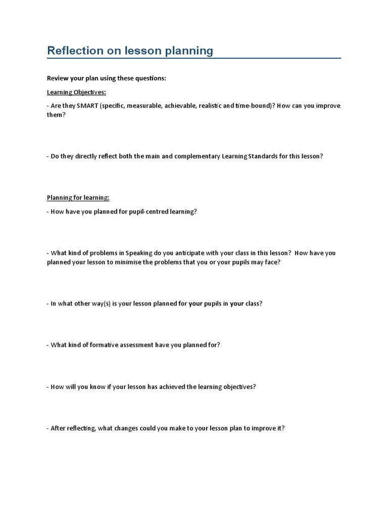 Lesson Planning Reflection Guide | PDF