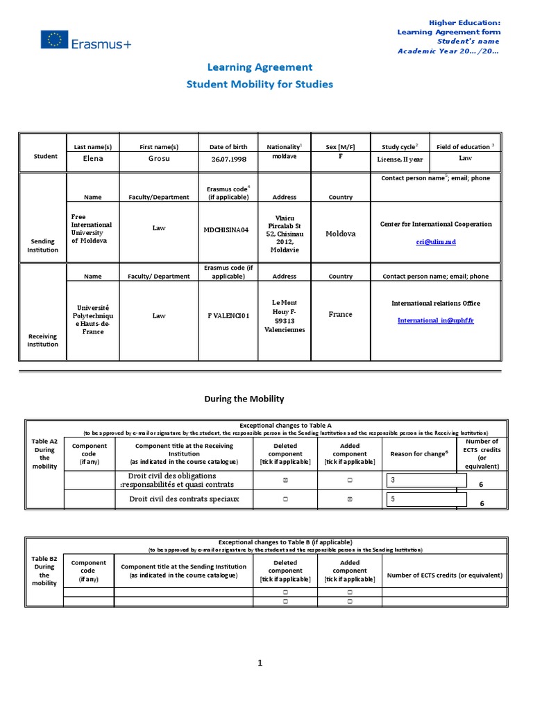 Learning Agreement During The Mobility | PDF | Academic Degree | Academia