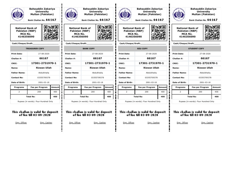 NBP Online Challan For Admission BZU Multan | PDF | Payments ...