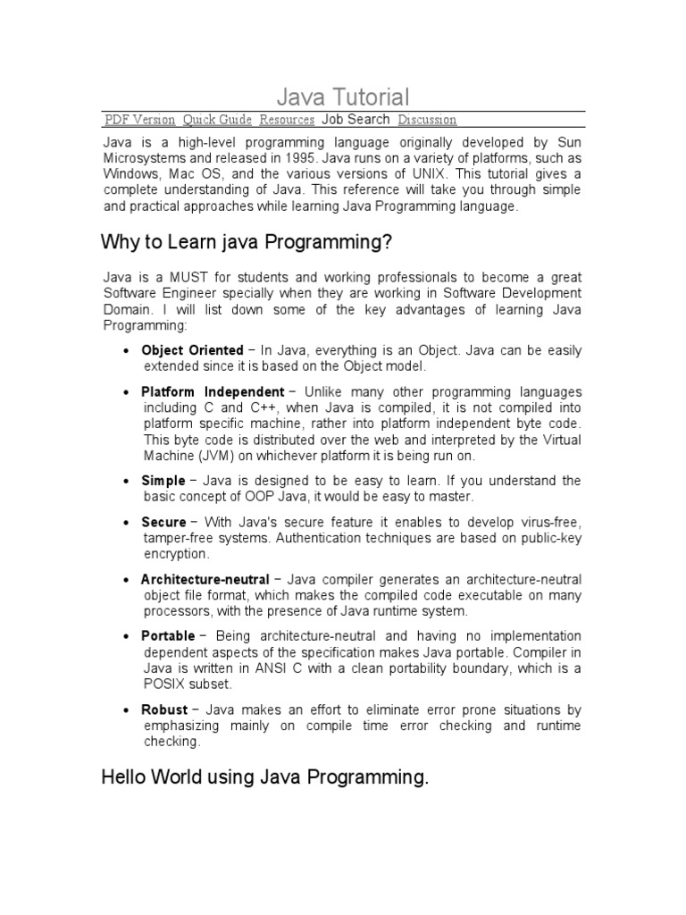 Java Tutorial: Why To Learn Java Programming? | Download Free PDF | Java (Programming Language ...