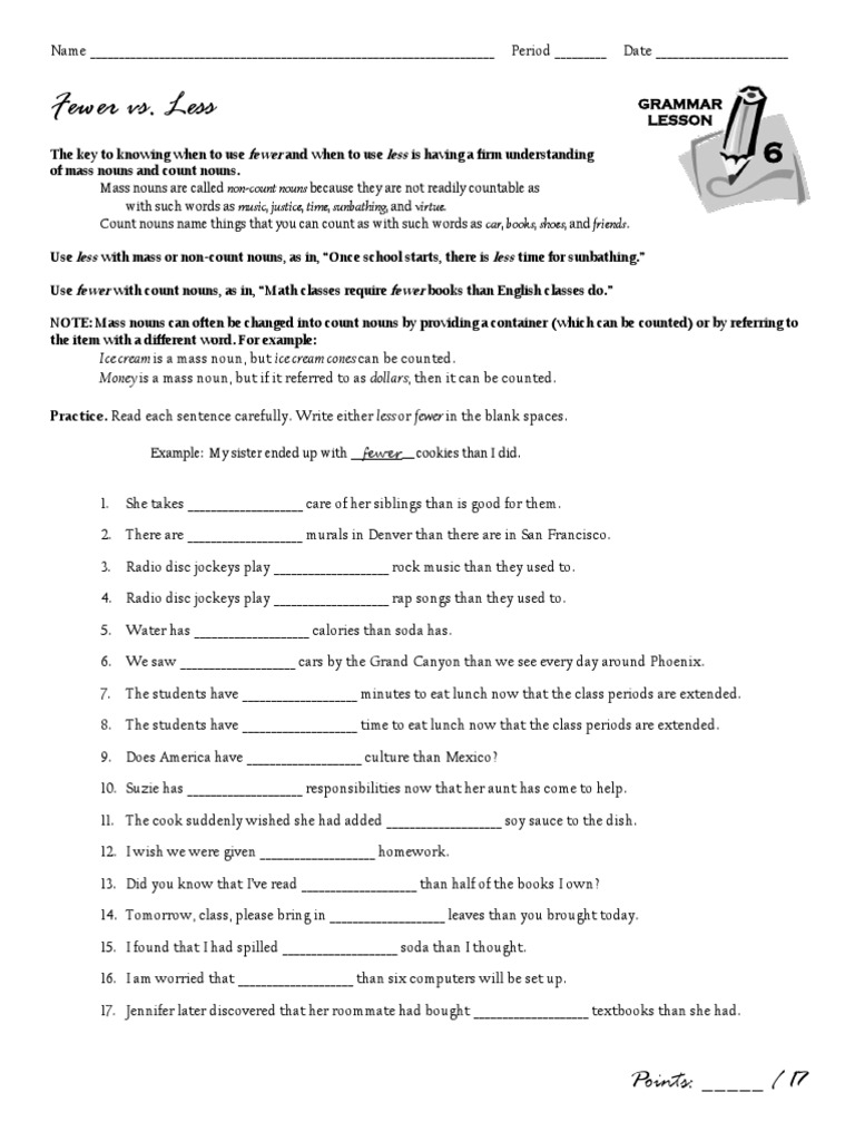 Grammar 6 - Fewer vs. Less | PDF | Noun | Linguistic Morphology
