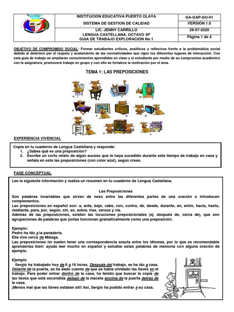 Guia Exploracion #1 Español 8° 3P - Las Preposiciones | PDF ...