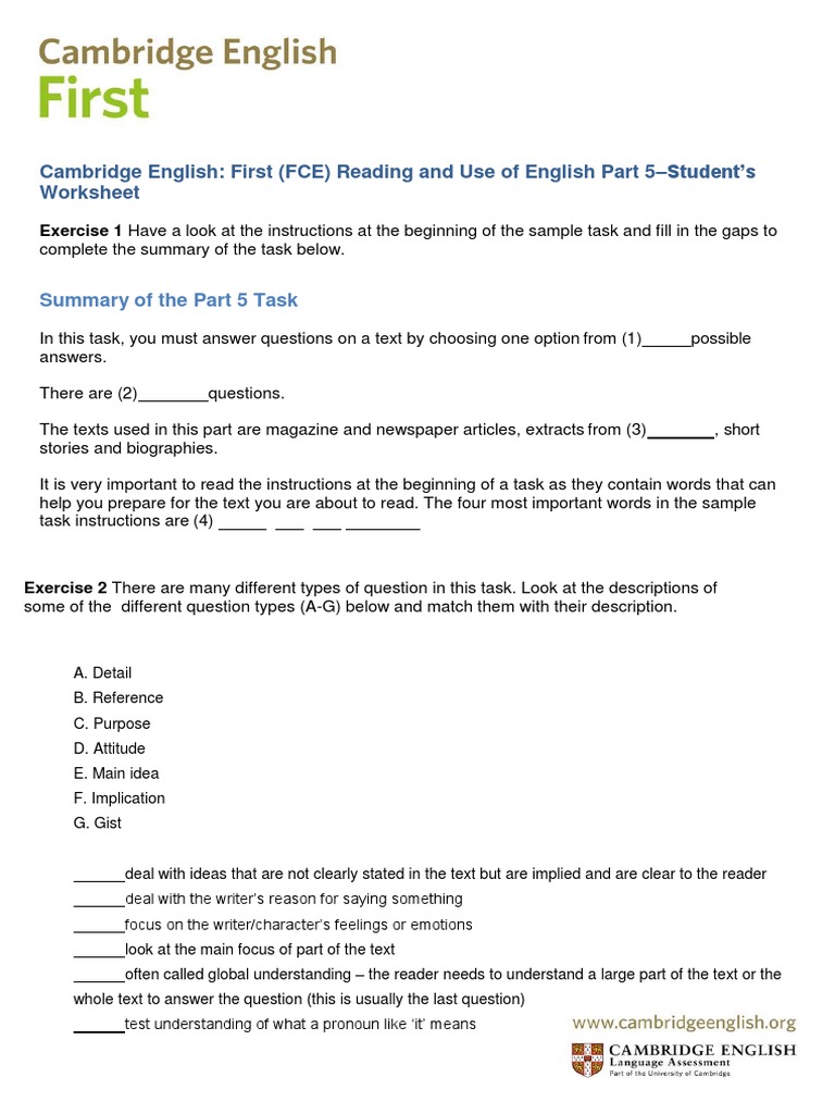 Cambridge English: First (FCE) Reading and Use of English Part 5 ...