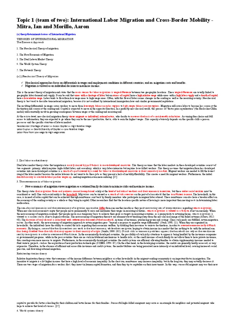 Topic 1 (Team of Two) : International Labor Migration and Cross-Border Mobility - Mitra, Ian and ...