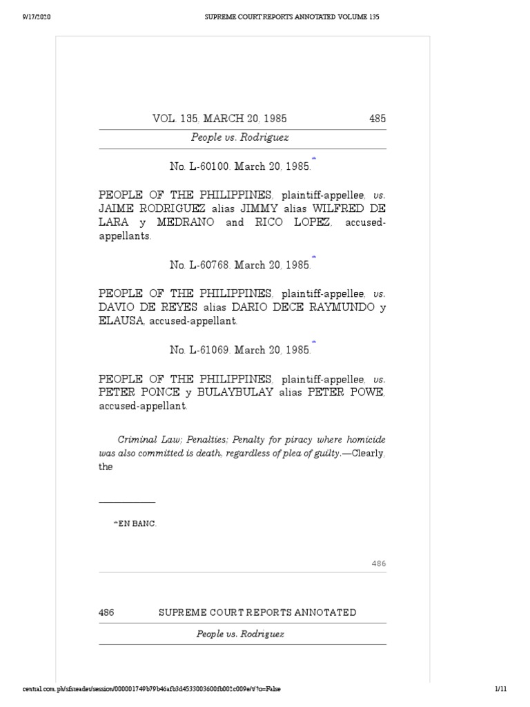 People v. Rodriguez, 135 SCRA. 485 | PDF | Right To Silence | Plea