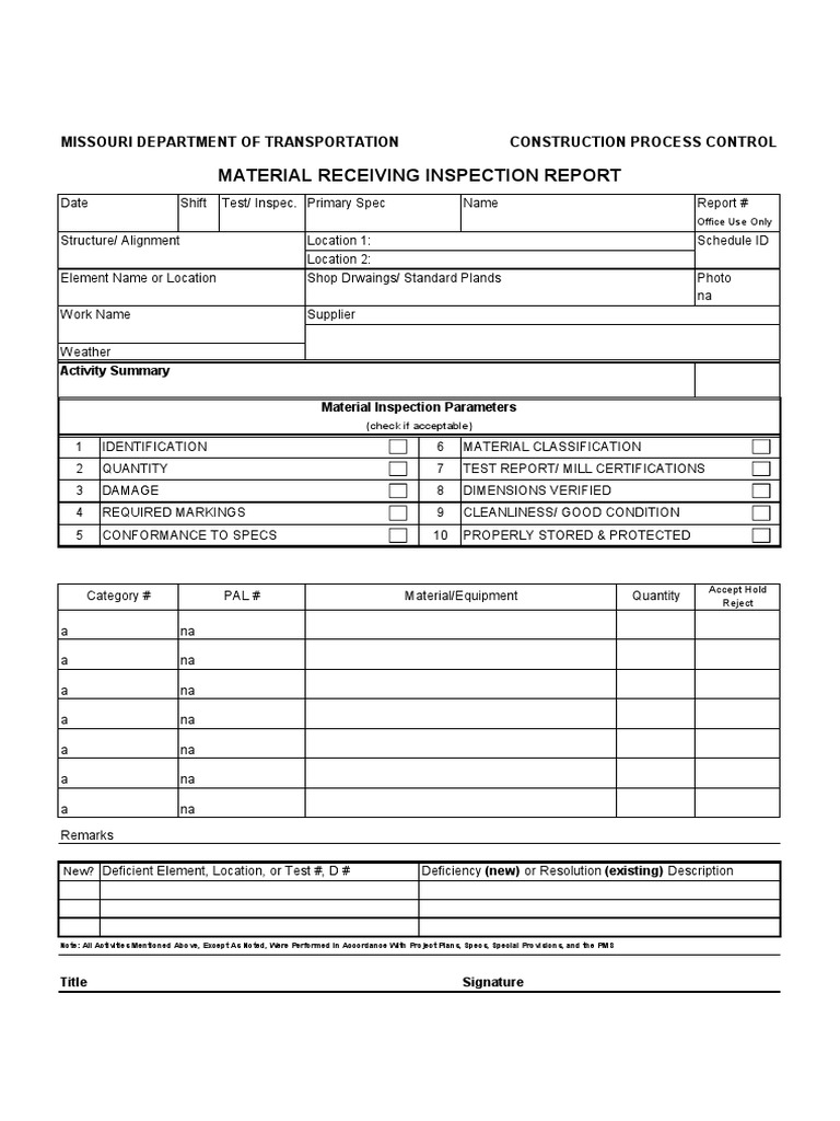 Material Receiving Inspection Report Pdf Business