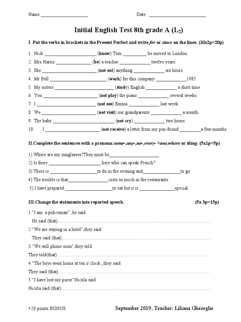 Initial English Test 8th Grade A (L) : September 2019, Teacher: Liliana ...