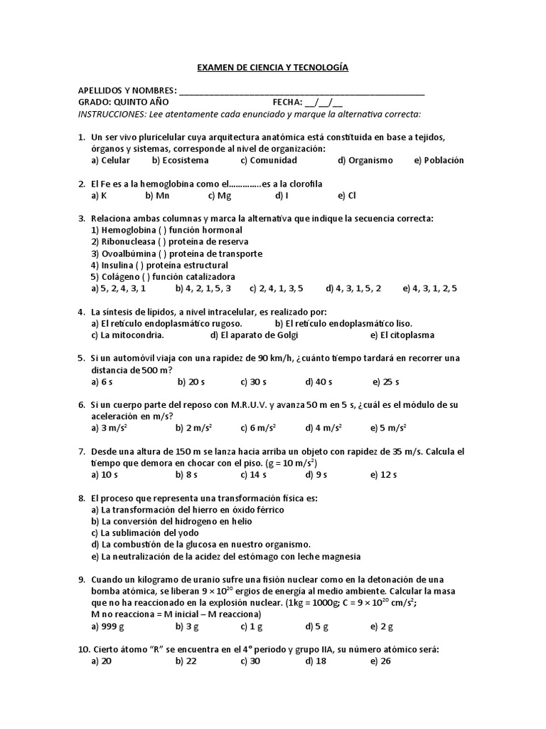 Examen de Ciencia y Tecnología 5to Año | PDF | Citoplasma | Retículo ...
