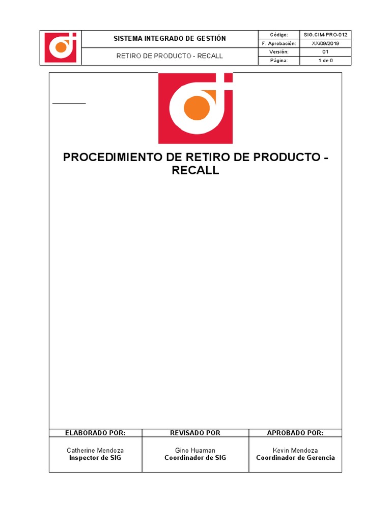 Procedimiento de Recall de Productos | PDF | Sistema de información ...