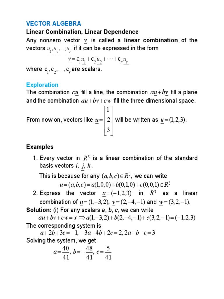 Linear Combinations and Dependence in Vectors | PDF | Vector Space ...