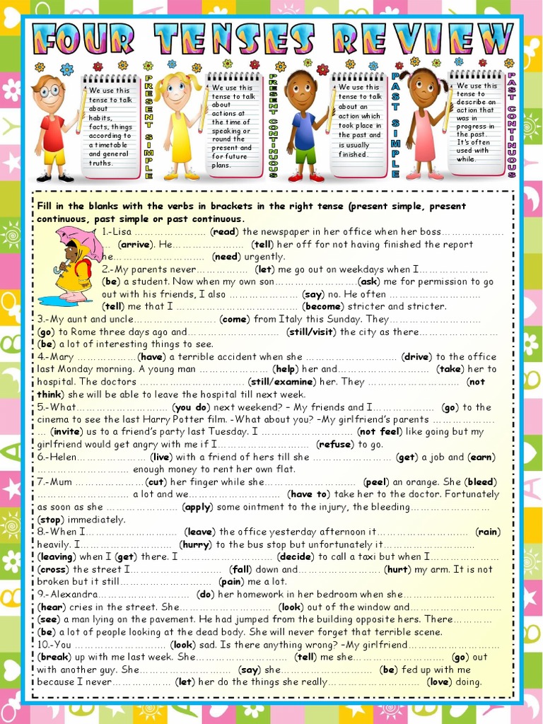 Four Tenses Review - Present Simple - Present Continuous-Past Simple ...