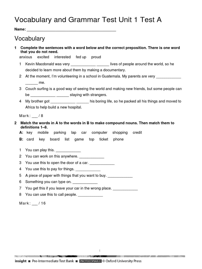 Vocabulary + Grammar Unit 1 Test A | PDF | Semiotics | Syntax