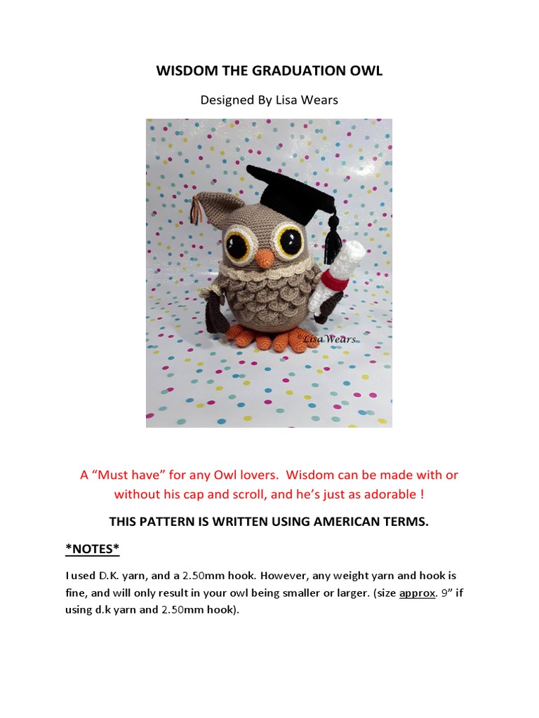 Wisdom The Graduation Owl: Designed by Lisa Wears | PDF | Owl | Sewing