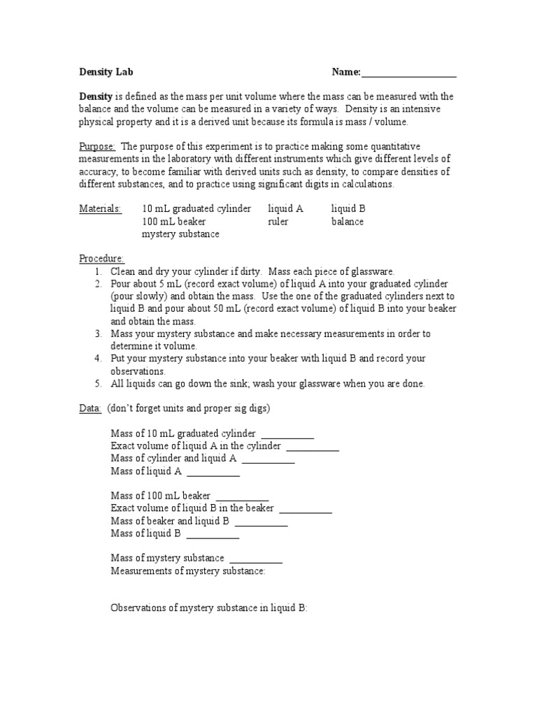 Unit 2 - Density Lab | PDF | Density | Litre