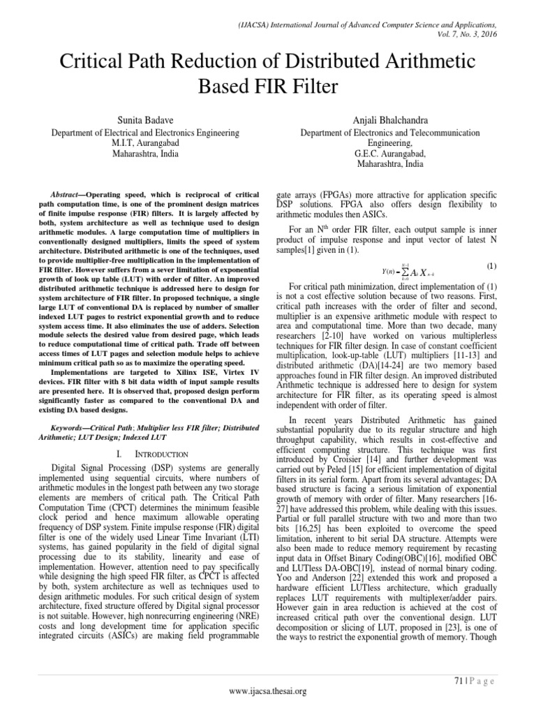 Paper 11 Critical Path Reduction Of Distributed Arithmetic Based Fir Filter Download Free Pdf