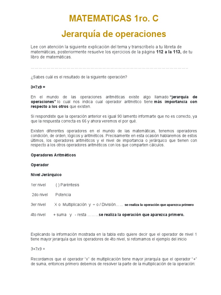 Jerarquía de Operaciones Aritméticas | PDF | Multiplicación | Sustracción