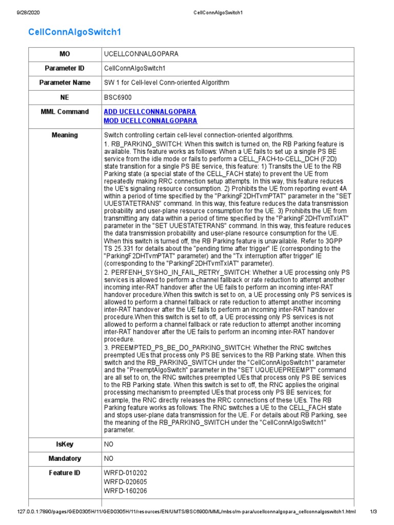 Cellconnalgoswitch1: Mo Parameter Id Parameter Name Ne MML Command | Download Free PDF ...