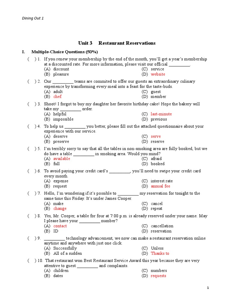Unit 3 Restaurant Reservations: I. Multiple-Choice Questions (50% ...