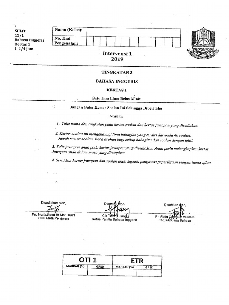 2019 SMK Taman Bukit Maluri Answer PDF | PDF