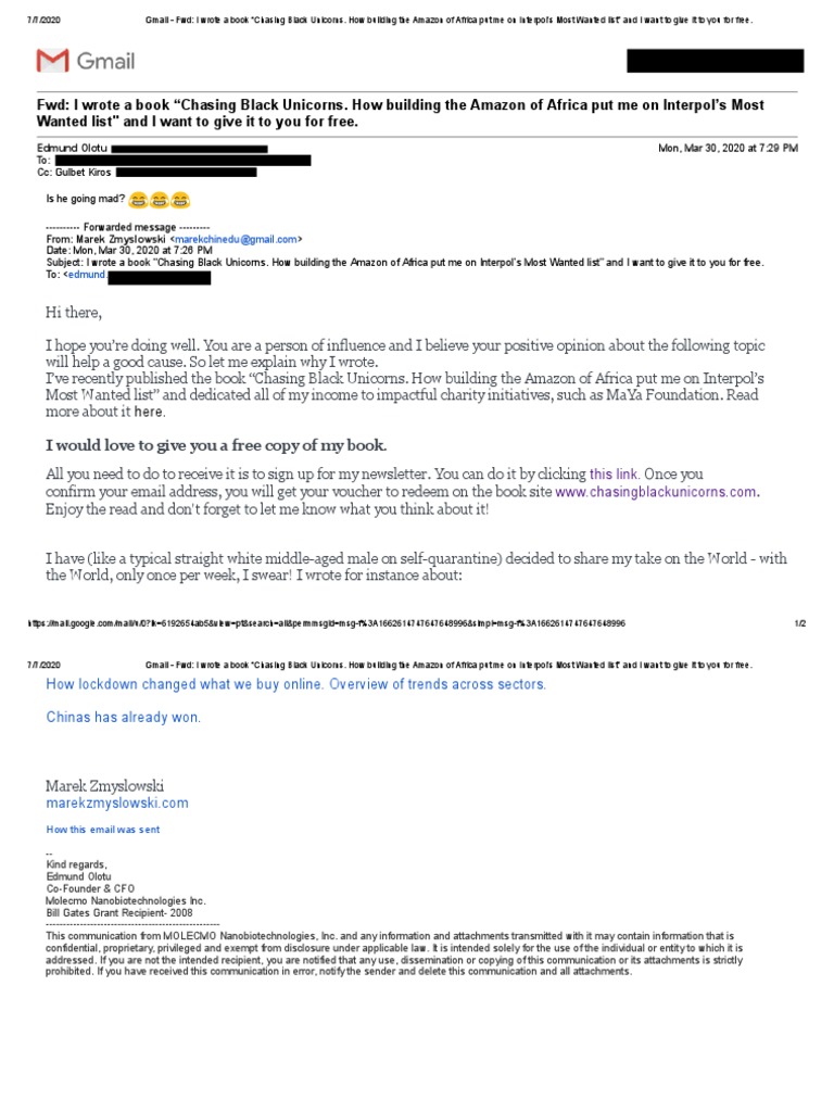 March 30, 2020 - Email To Edmund From Marek To Get His Book - Redacted ...